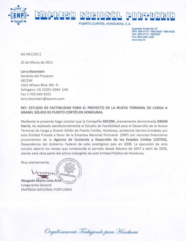 ENP Puerto Cortes Dry Bulk Terminal FS Reference letter | PDF