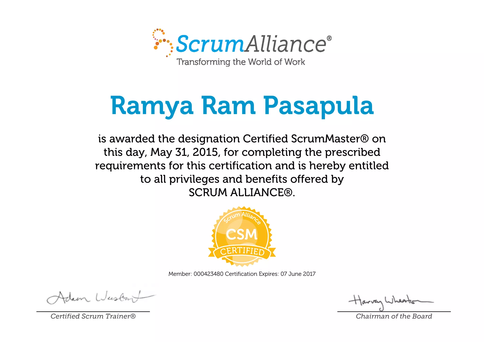 Ramya Ram Pasapula-ScrumAlliance_CSM_Certificate | PDF