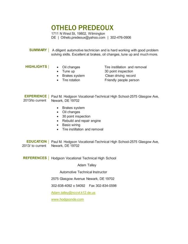 othelo predeoux resume | DOCX