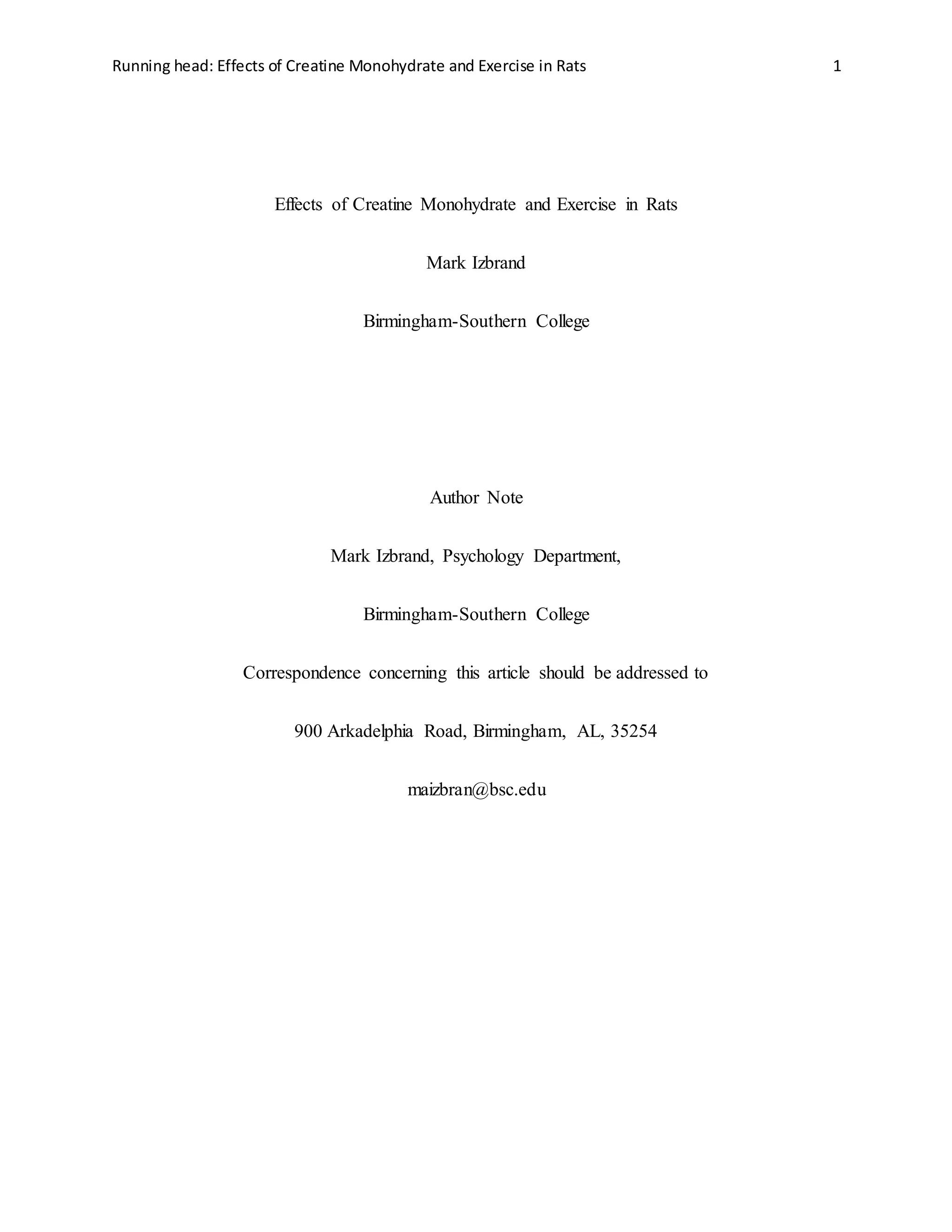 Effects of Creatine Monohydrate on Exhaustion in Rats | DOCX ...