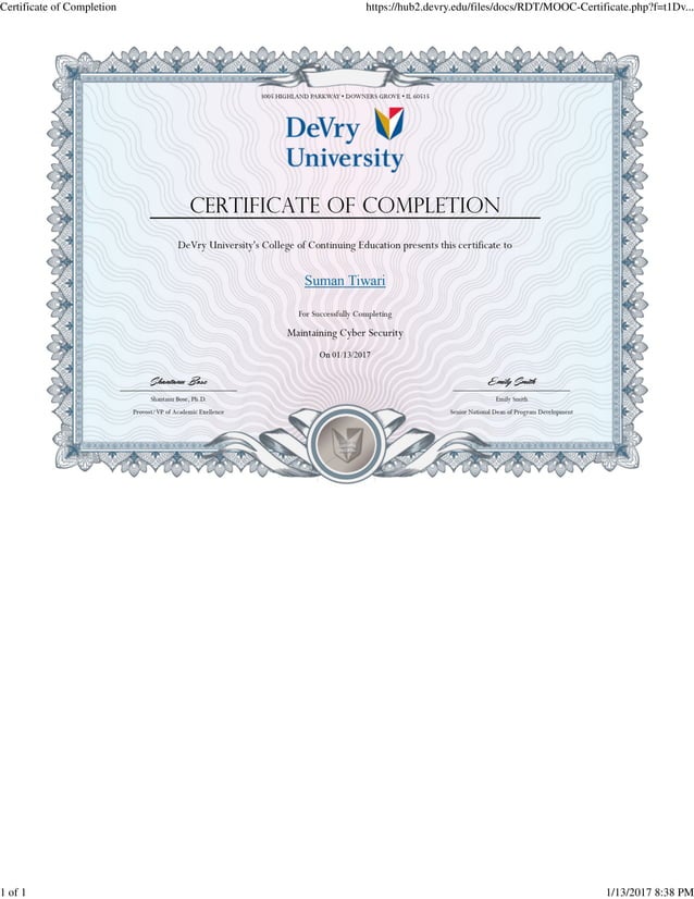 Certificate of Completion DeVry Unversity_Maintaining Cyber Security | PDF