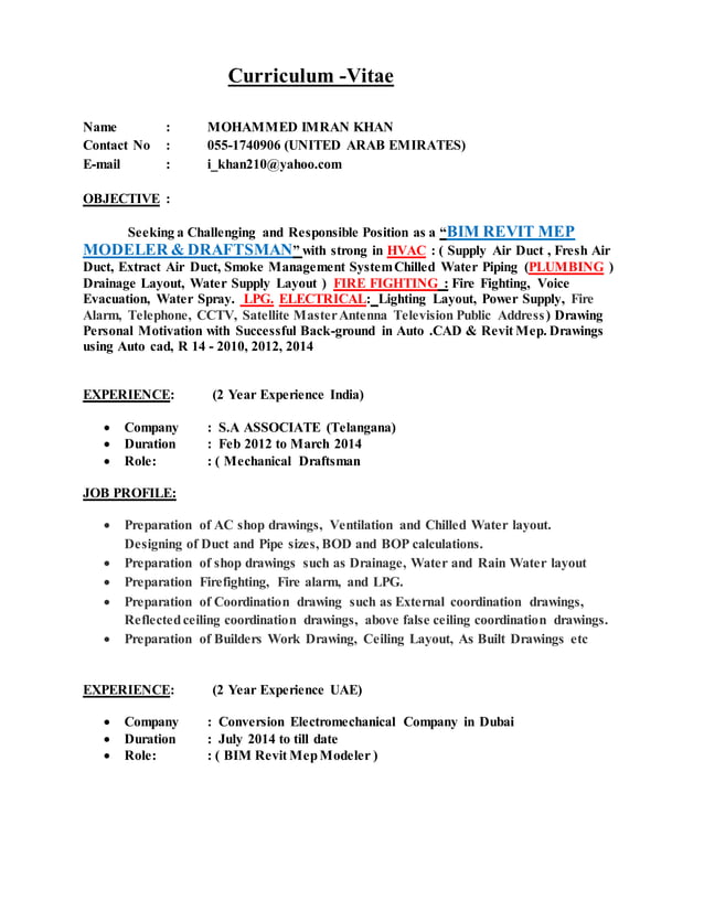 CV_ BIM Revit Mep Modeler & Draftsman | DOCX