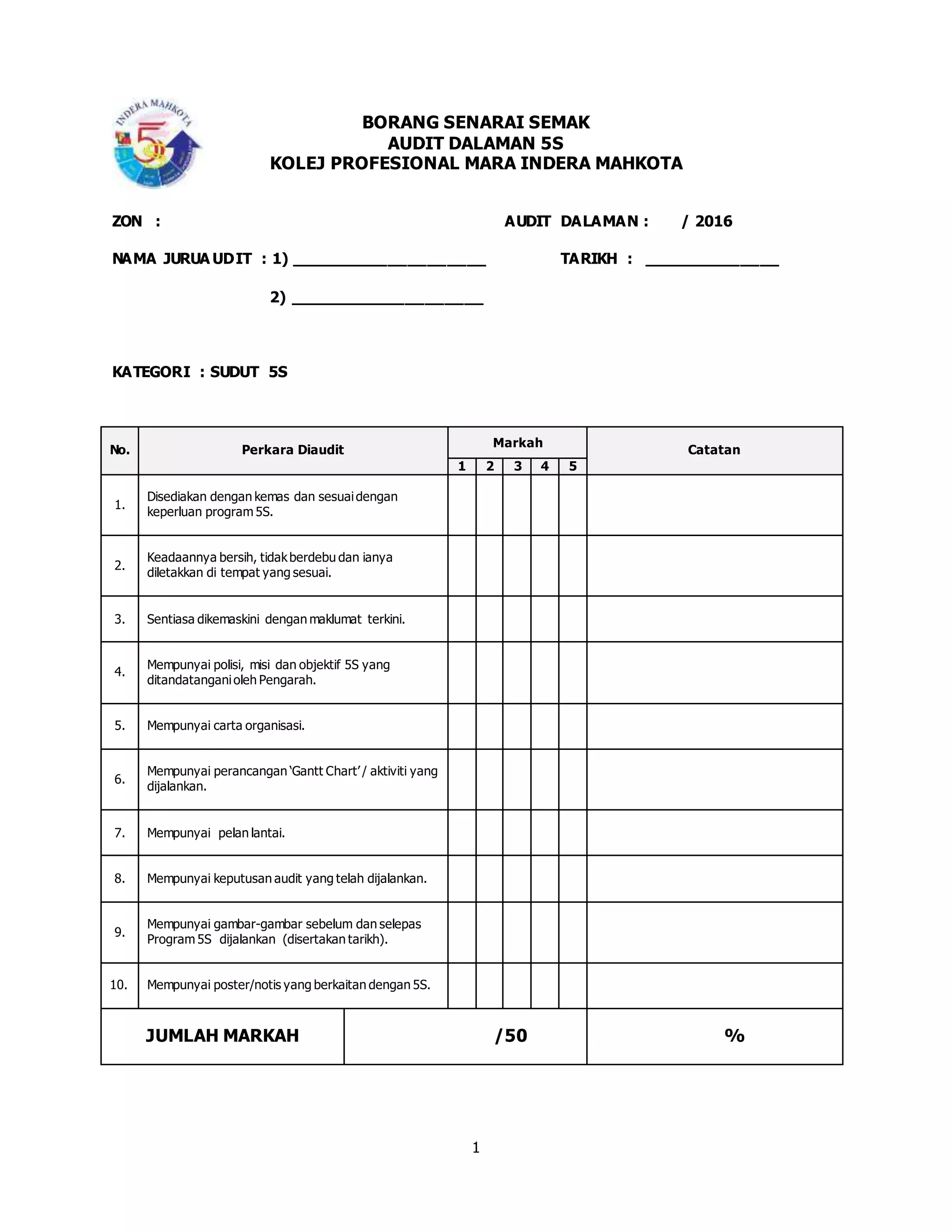 1 borang audit kategori sudut 5 s | DOCX