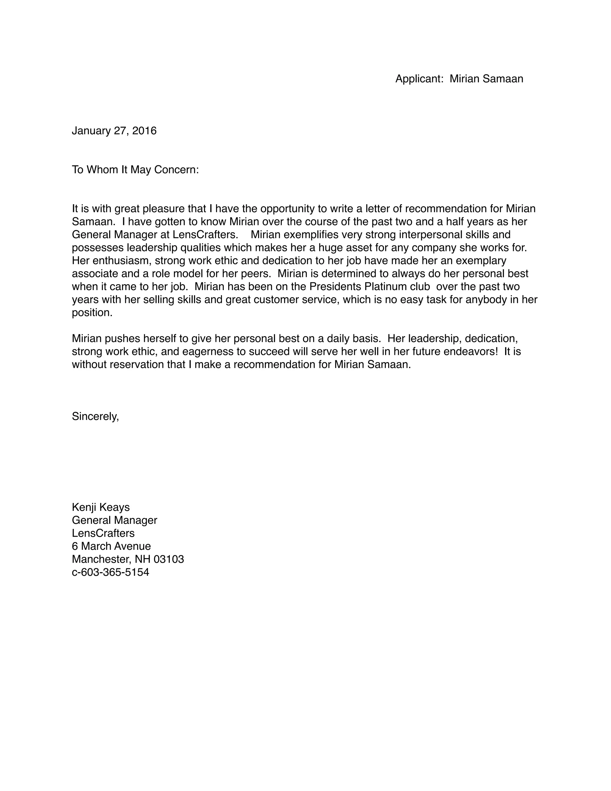 LensCrafters Recommendation letter | PDF