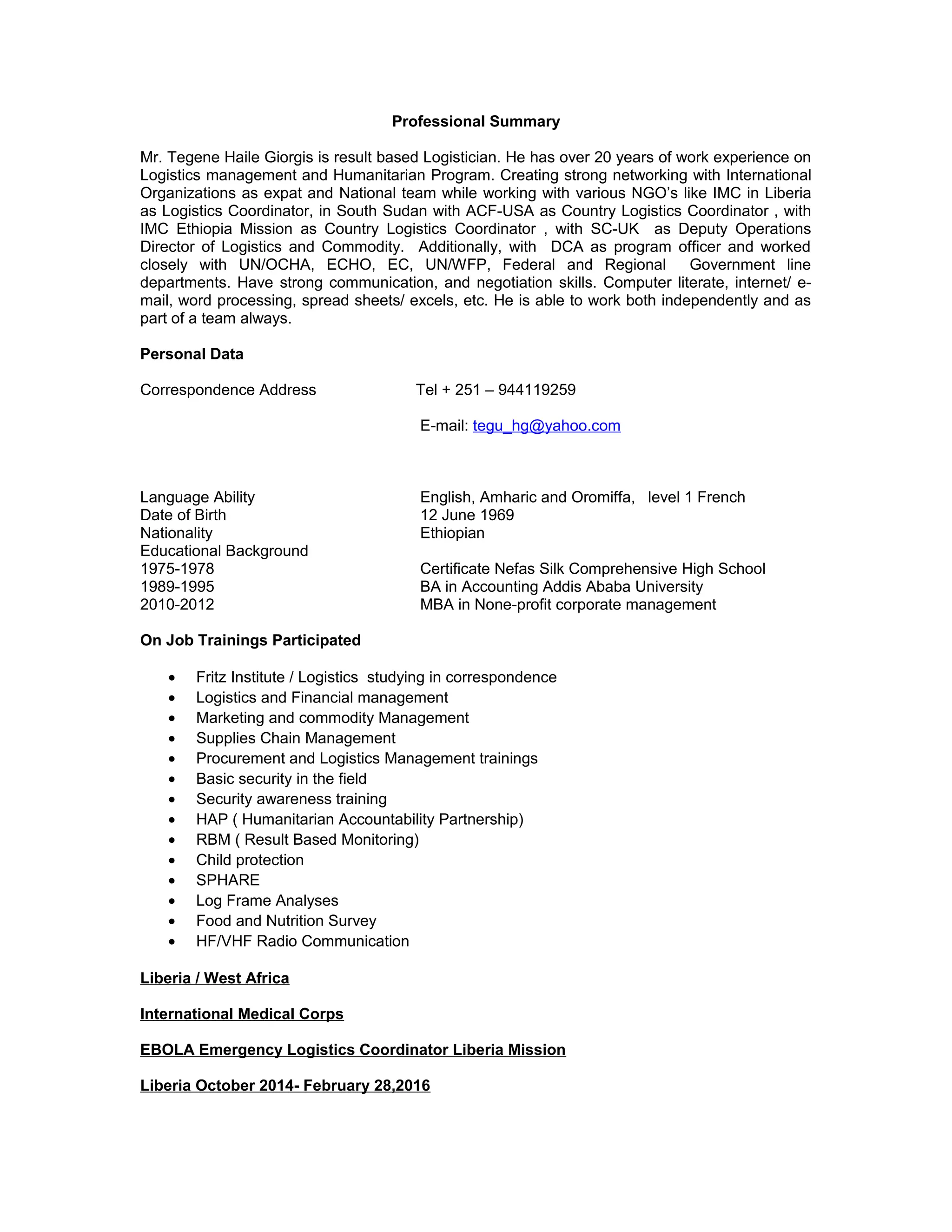 Tegene Hailegiorgis resume | DOC | Logistics | Business
