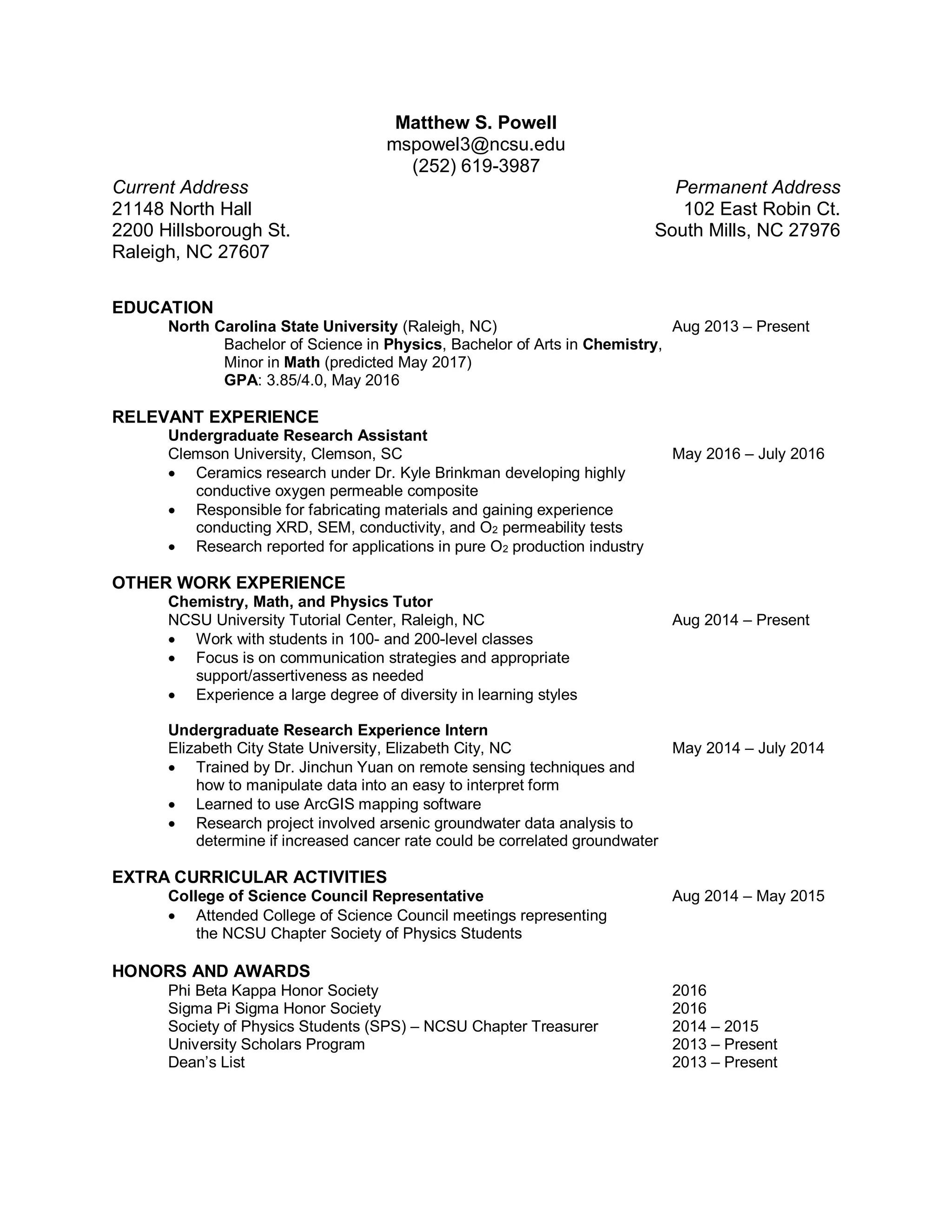 Matthew S. Powell Resume - Physics, Chemistry, Math Degrees NCSU | PDF