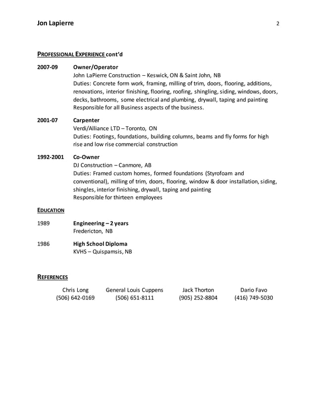 LaPierre^J John resume | DOCX | Woodworking | Arts and Crafts