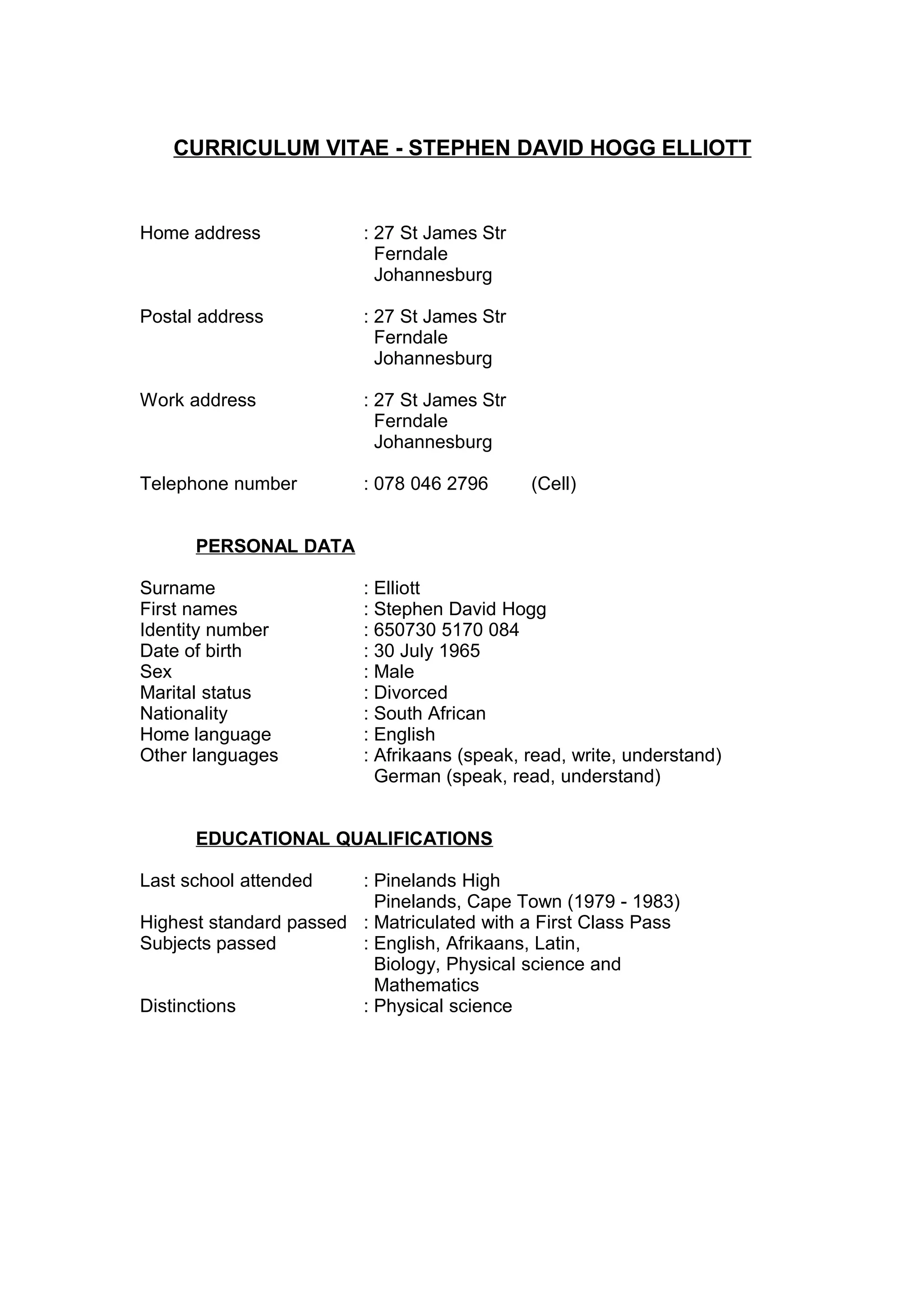 Curiculum Vitae - Stephen Elliott 5-1 | DOC