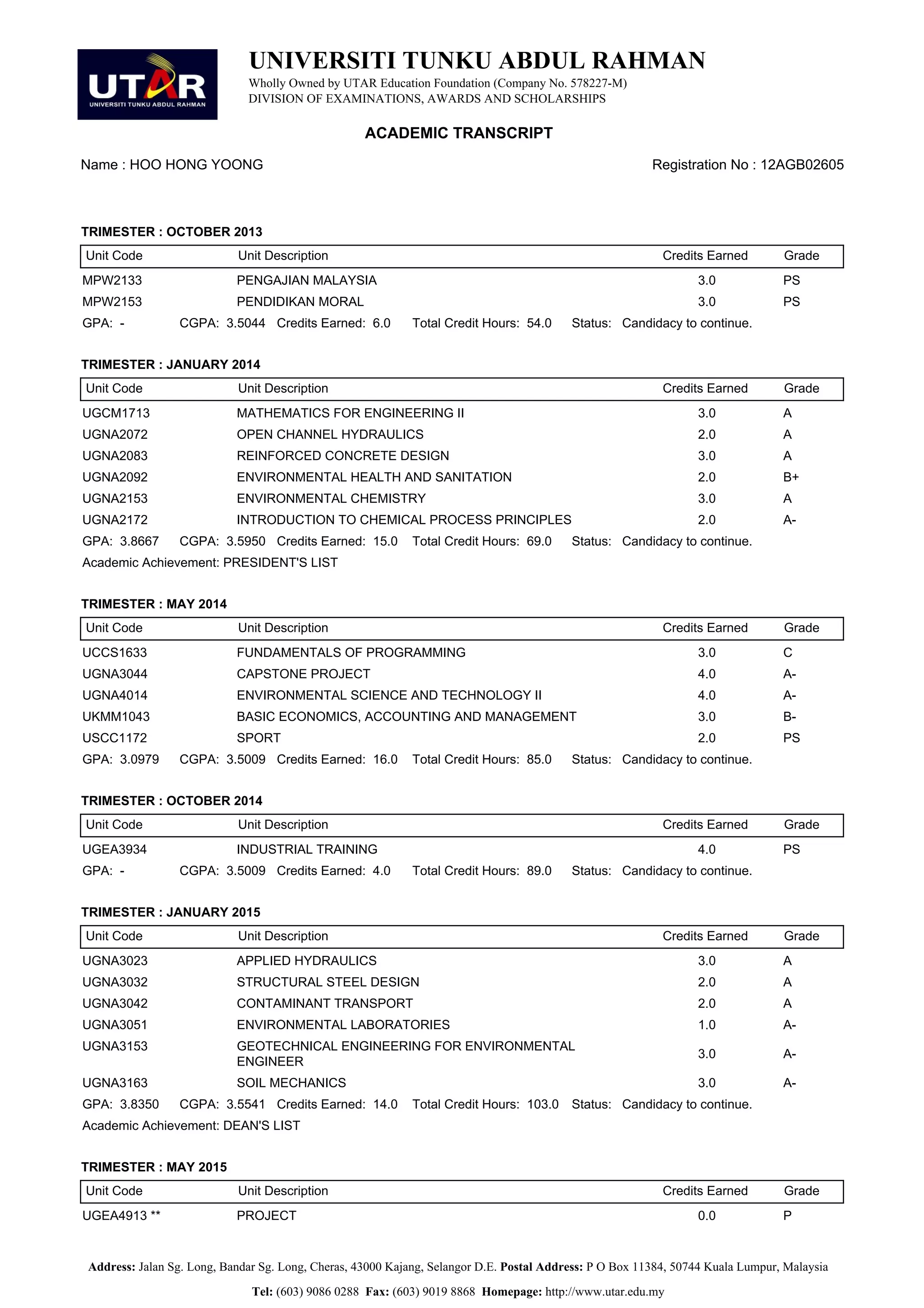Academic Transcript(Hoo Hong Yoong) | PDF