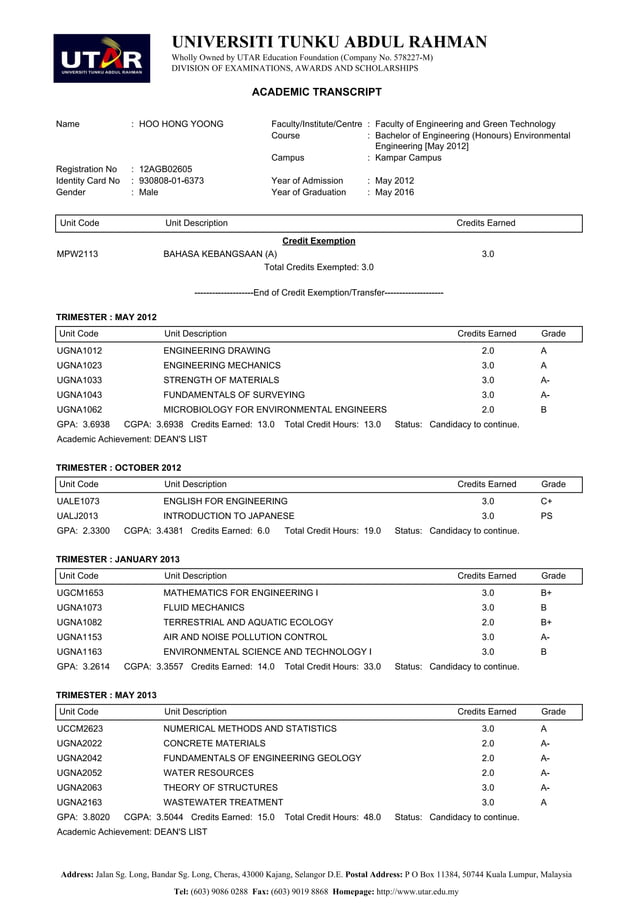 Academic Transcript(Hoo Hong Yoong) | PDF