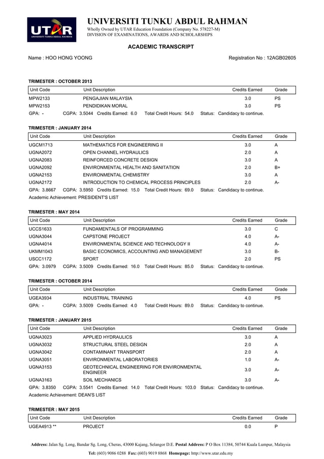 Academic Transcript(Hoo Hong Yoong) | PDF