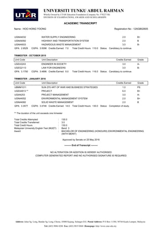 Academic Transcript(Hoo Hong Yoong) | PDF