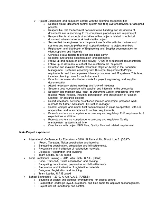 Erjas Project Coordinator and document control responsibilities | PDF