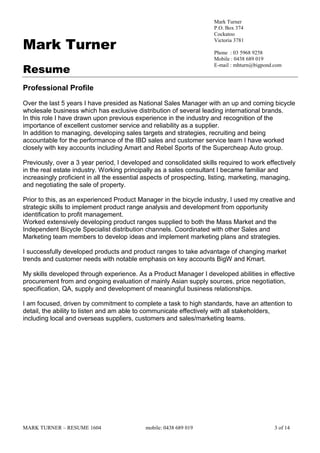 Resume 1604 M.Turner | PDF | Sales | Business