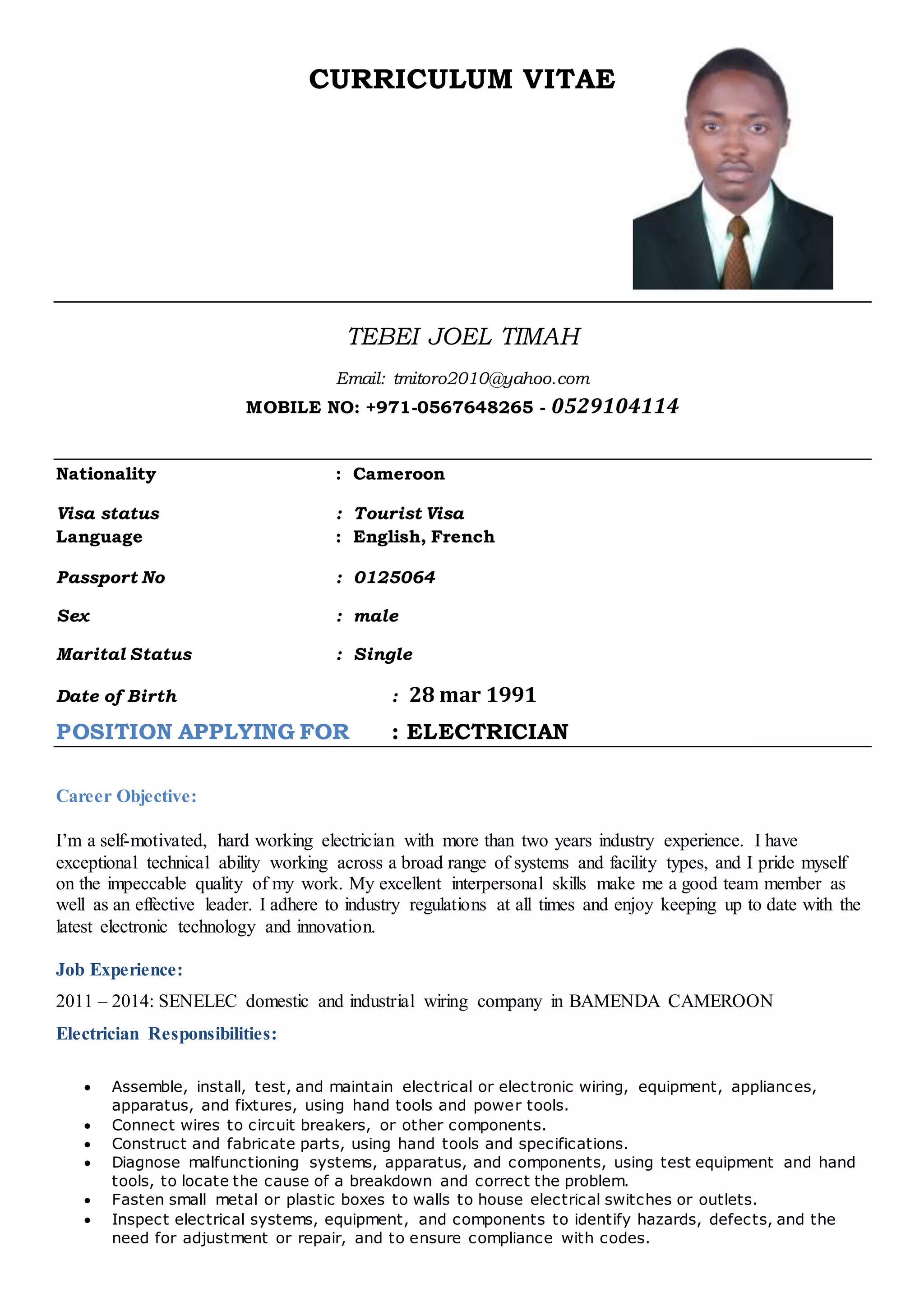 JOEL ELECTRICIAN CV | DOCX | Business and Finance