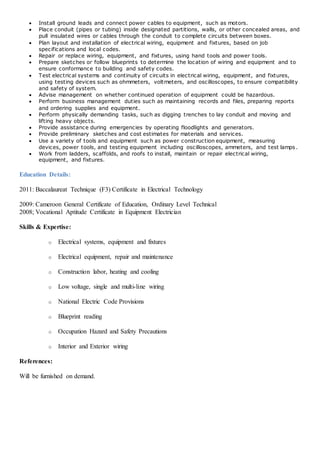 JOEL ELECTRICIAN CV | DOCX | Business and Finance