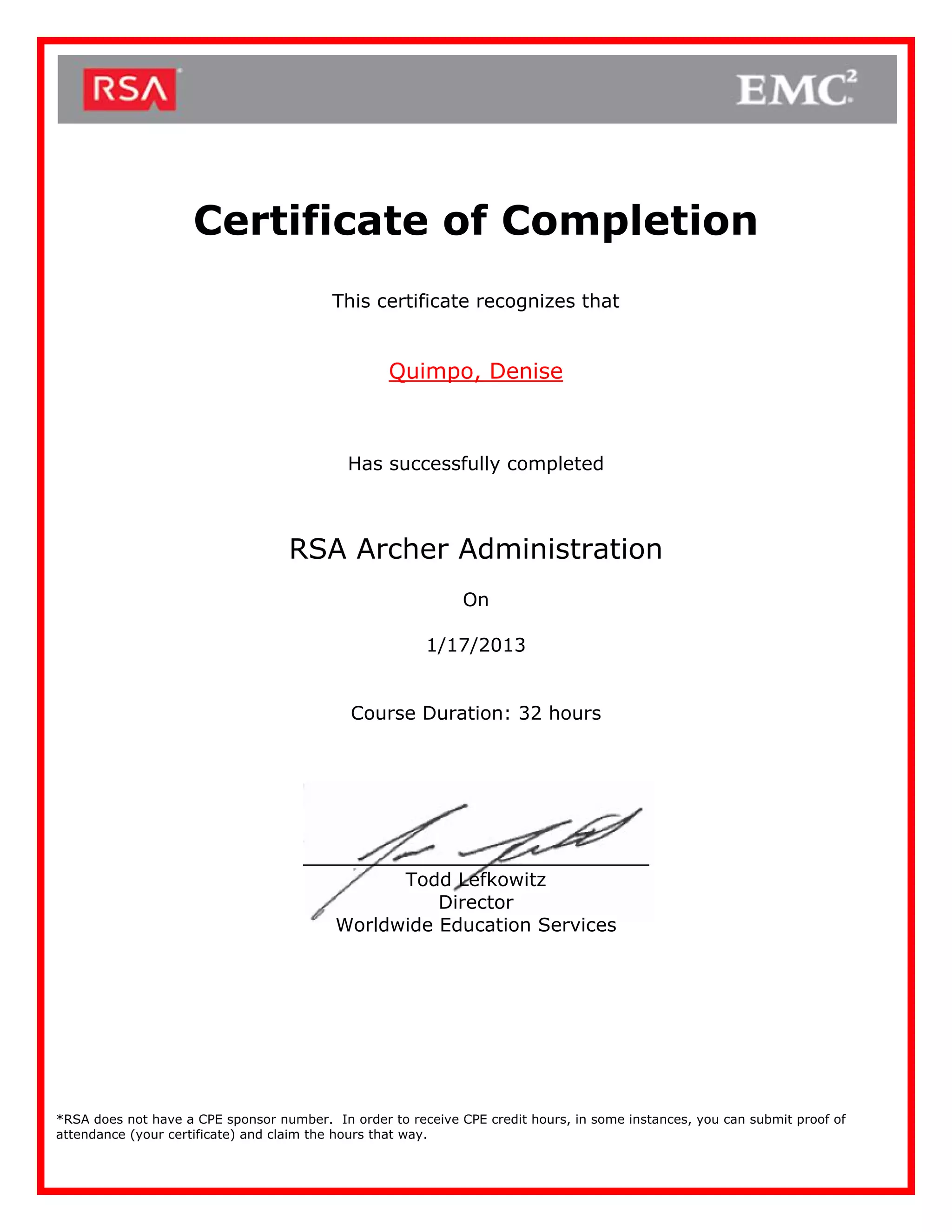 RSA Archer Admin Certificate of Completion | PDF