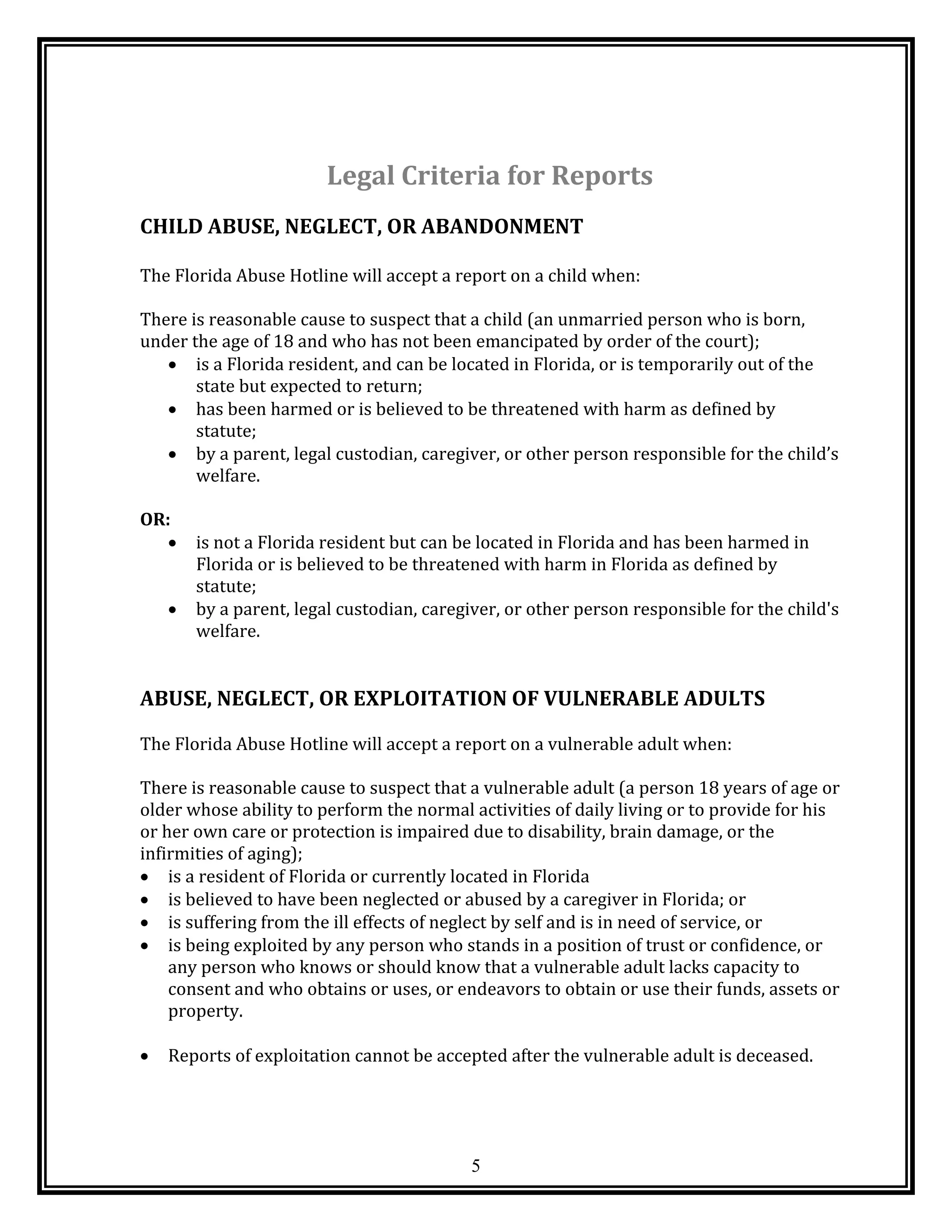 REPORTING ABUSE OR CHILDREN AND VULNERABLE ADULTS | PDF