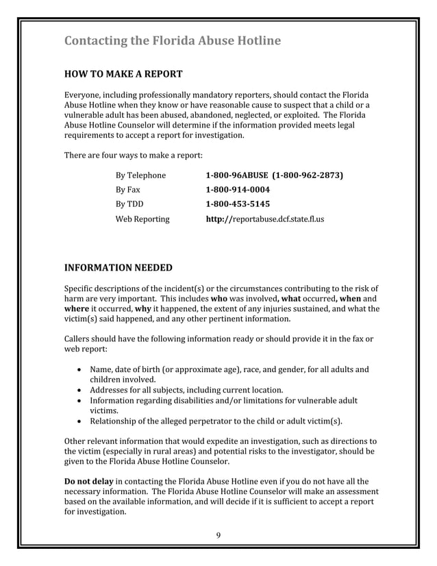 REPORTING ABUSE OR CHILDREN AND VULNERABLE ADULTS | PDF