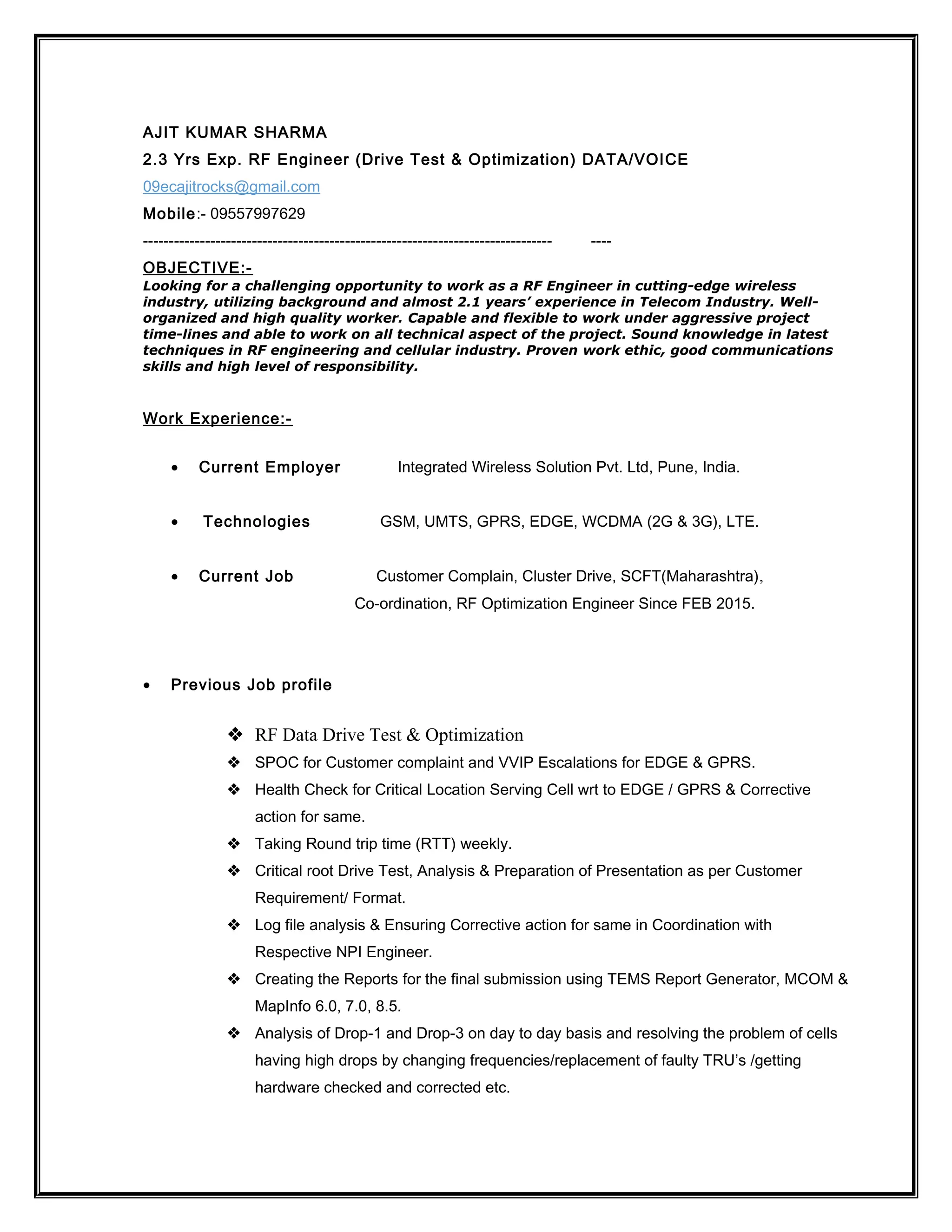 AJIT KUMAR SHARMA CV | DOC | Telecommunications Industry | Industries