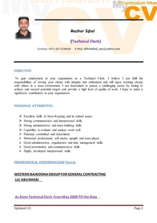 Updated CV Technical Clerk Mazhar | PDF
