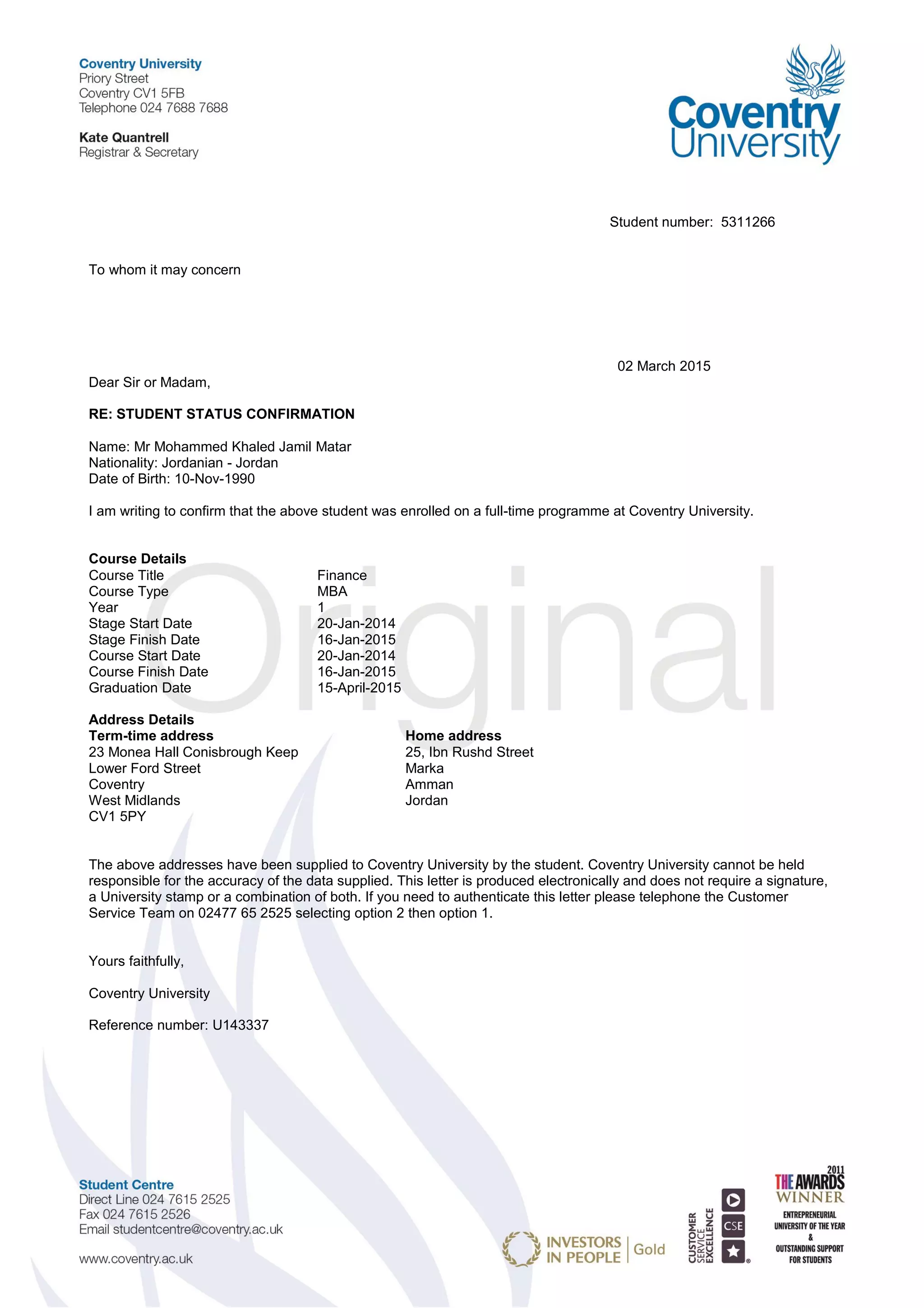 Mohammed Matar - Confirmation Letter | PDF