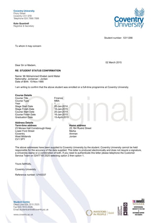 Mohammed Matar - Confirmation Letter | PDF