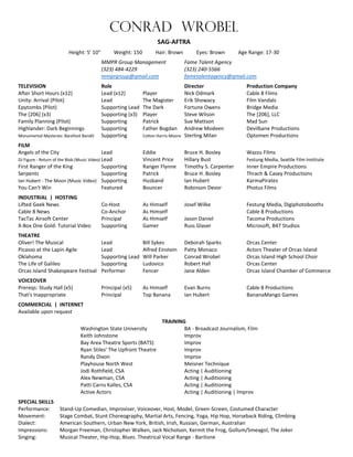 Conrad Wrobel - Acting Resume 2016 | PDF | Television | Entertainment