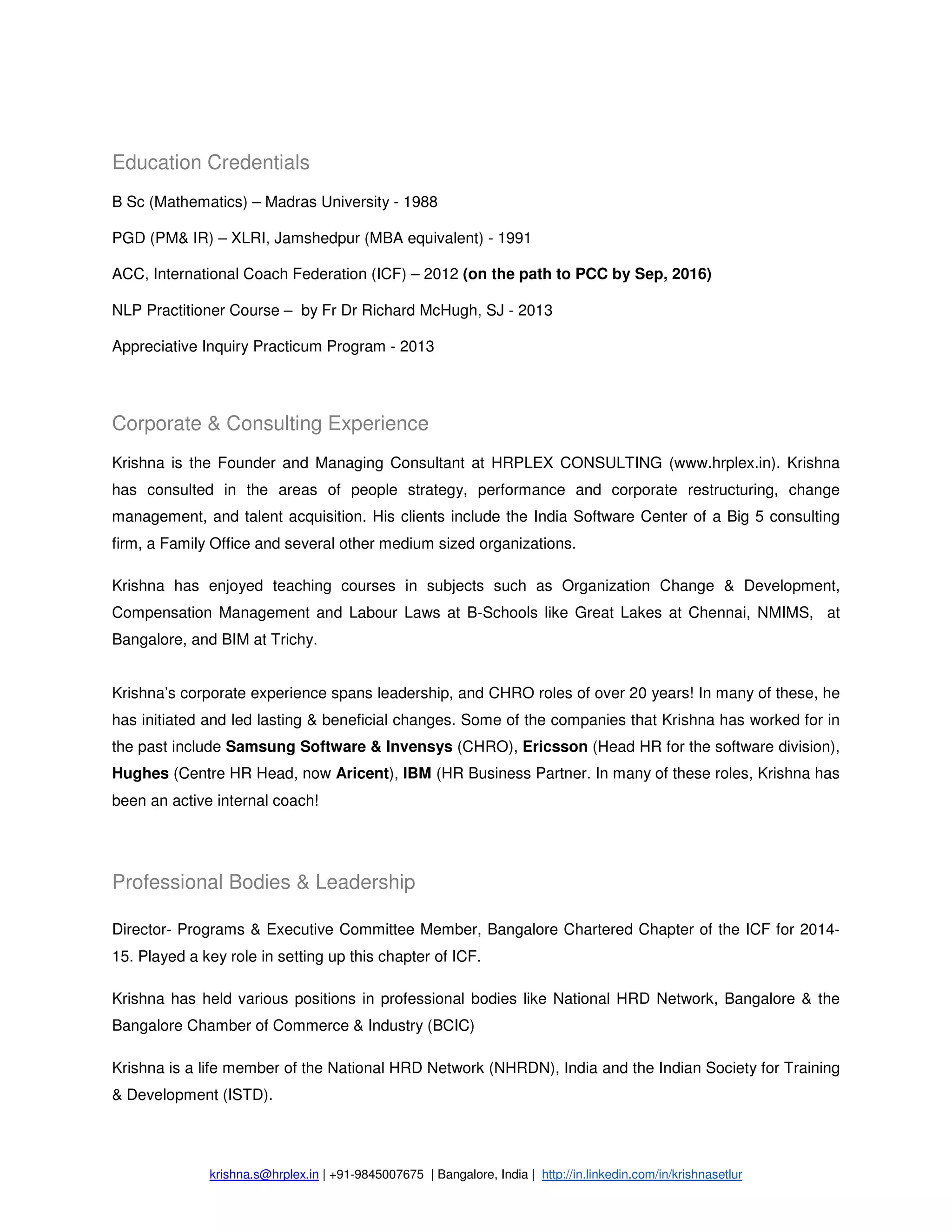 Krishna Setlur- Summary Professional Profile- Coaching- 2016 | PDF