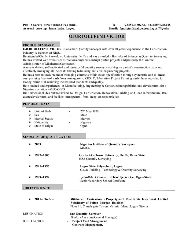 Ojuri Olufemi Victor-CVx2016 | DOCX | Civil Engineering Industry ...