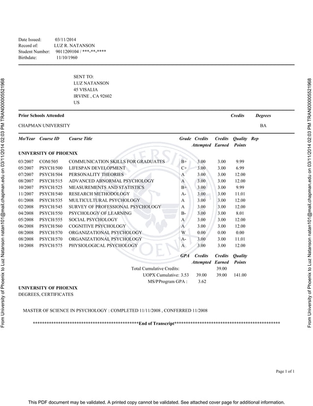 University of Phoenix completed-transcript-5521968 | PDF | Professional School | Postgraduate ...