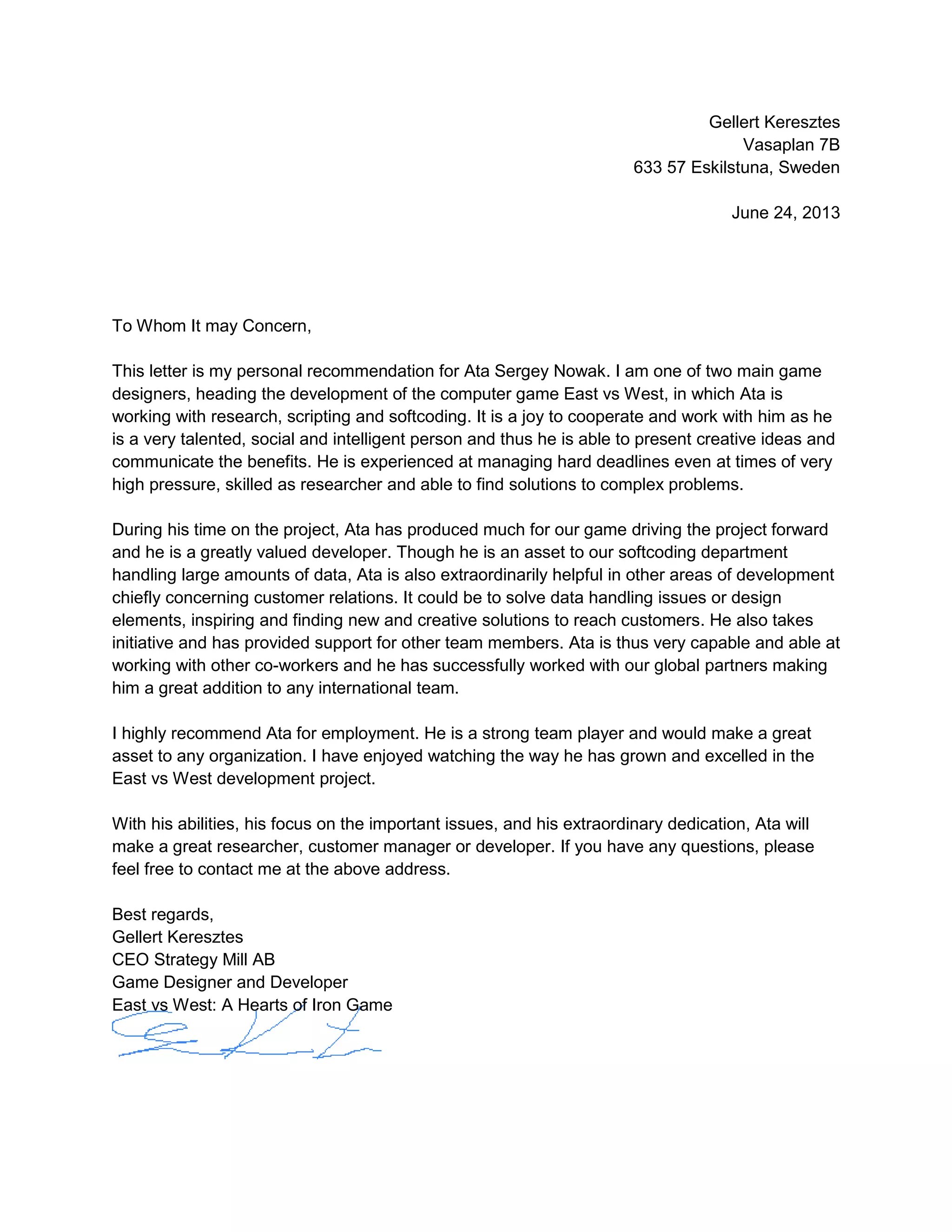 Recommendation letter - Gellert Keresztes CEO of Strategy Mill | PDF