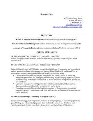 Cain, Deborah - Adjunct Resume | DOC