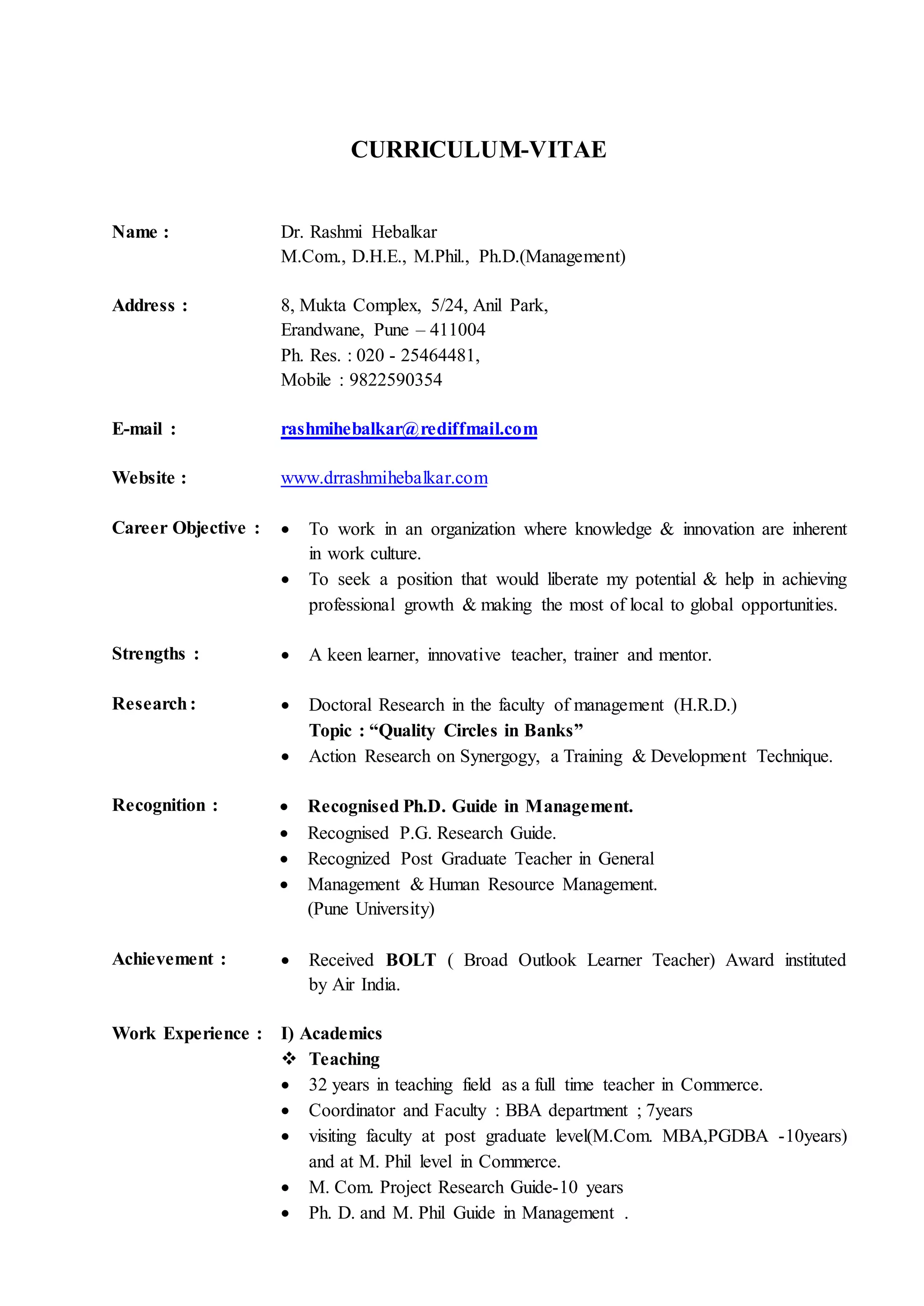 CV - Dr. Rashmi Hebalkar | DOCX