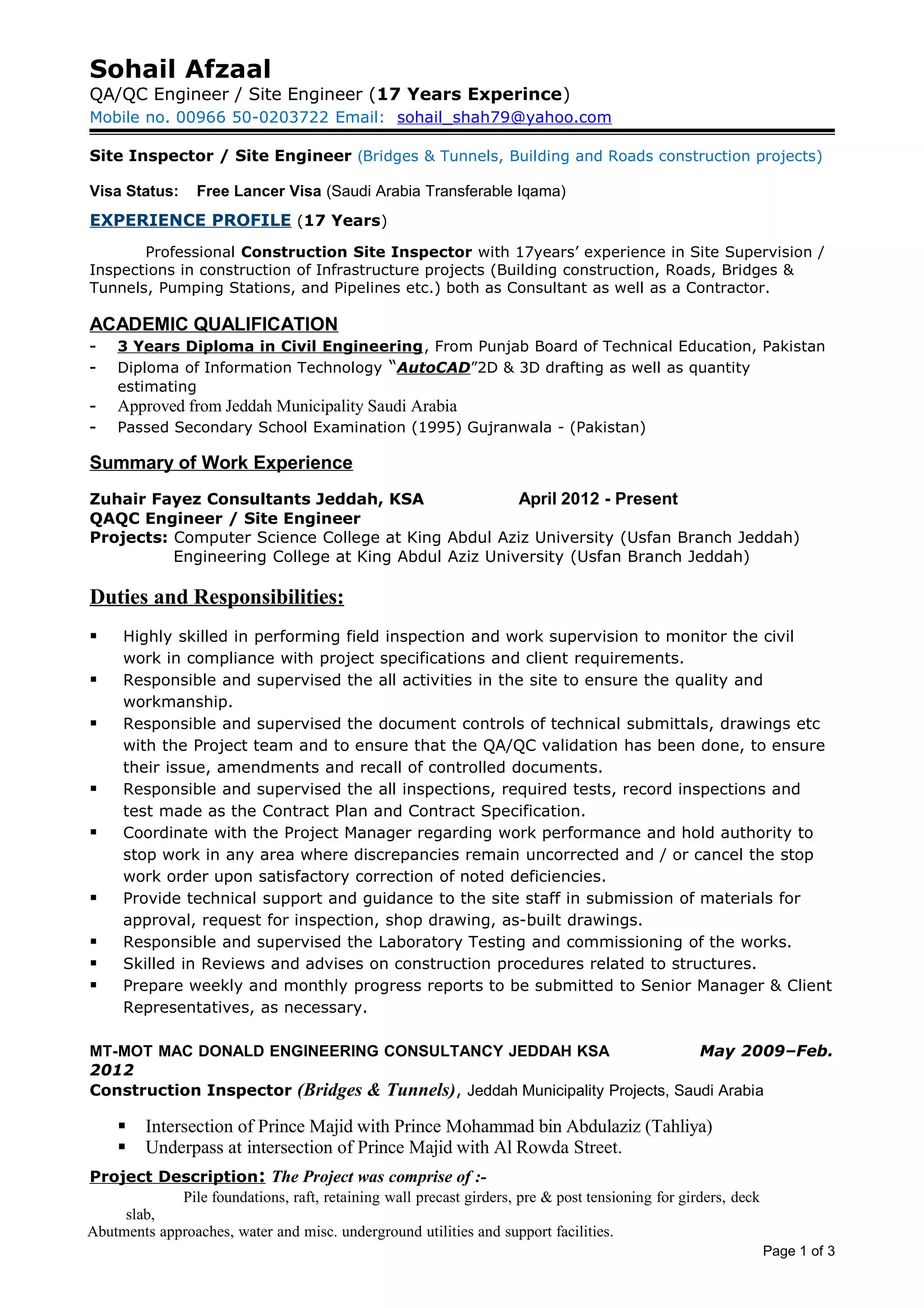 Sohail Afzaal CV for Site Engineer | DOC