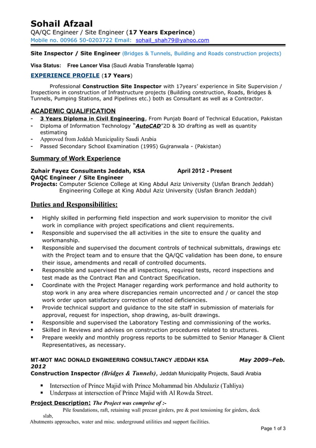 Sohail Afzaal CV for Site Engineer | PDF