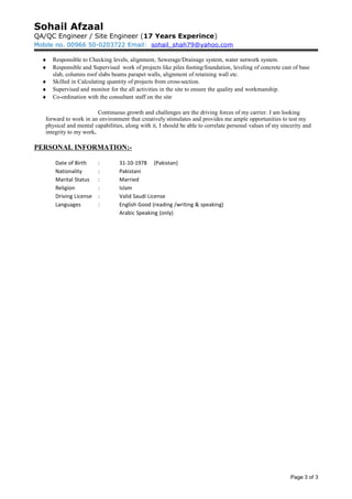 Sohail Afzaal CV for Site Engineer | DOC