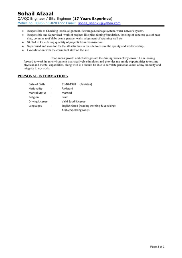 Sohail Afzaal CV for Site Engineer | PDF