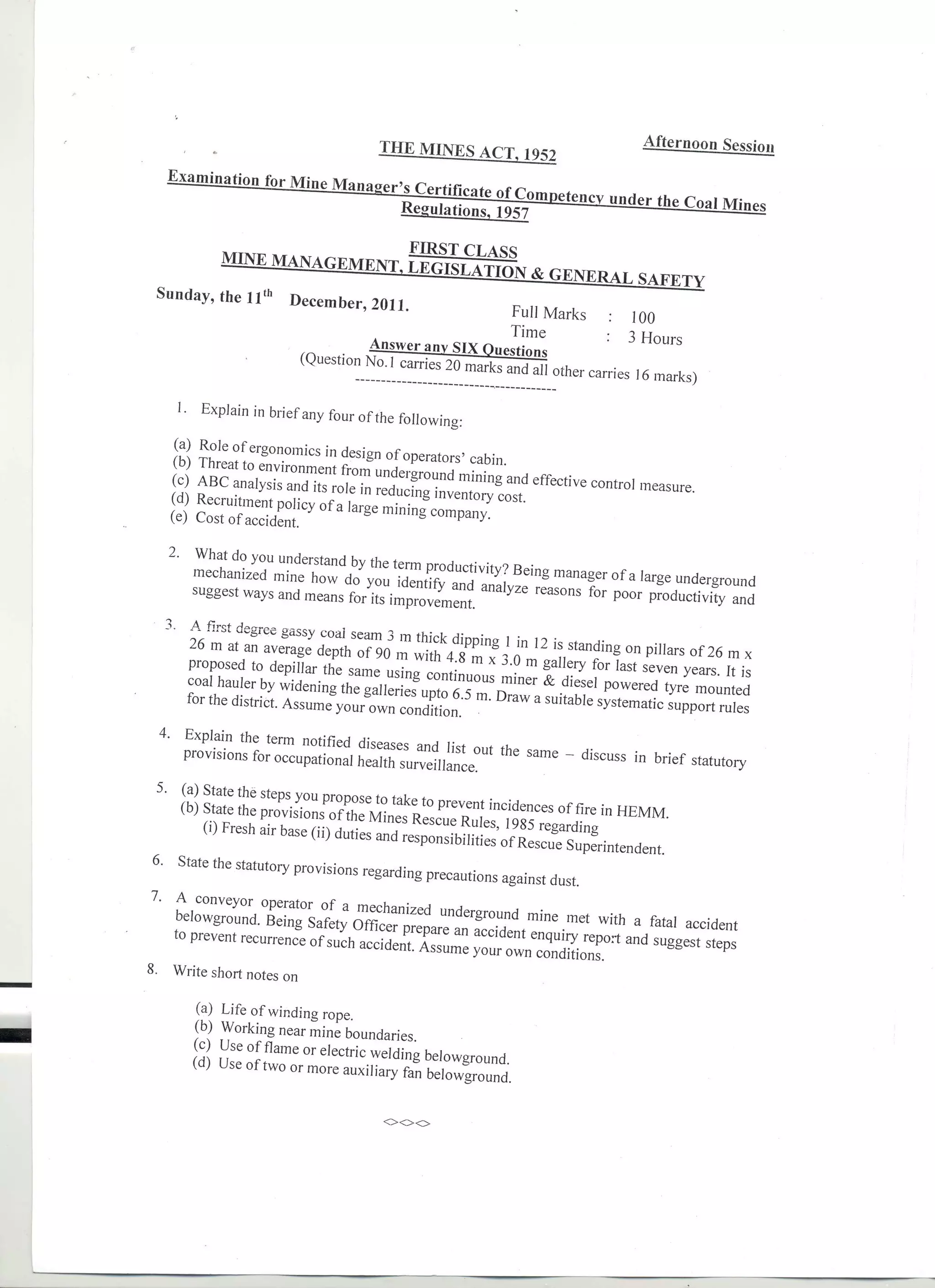 first class mine manager EXAM (UR) legislation question paper 2011 | PDF