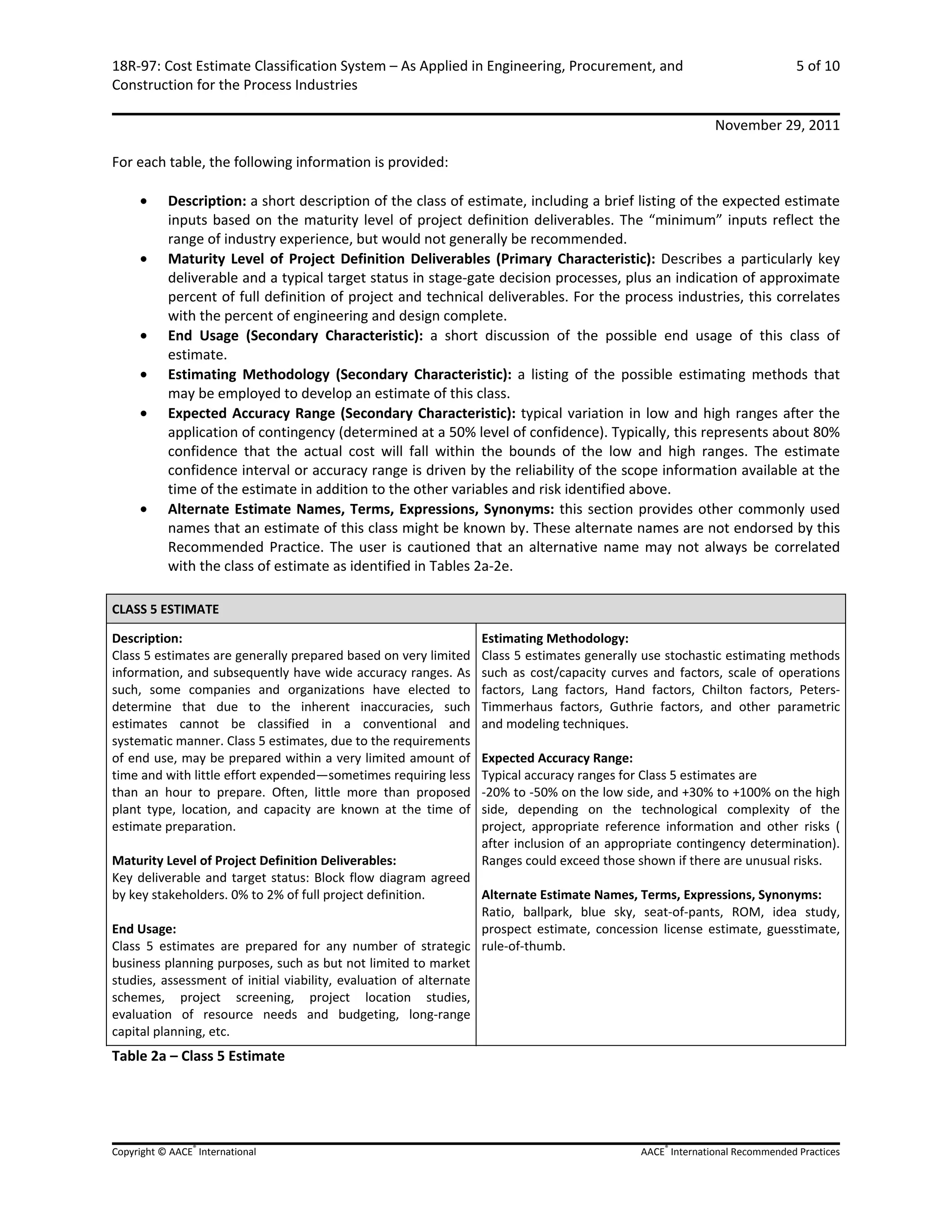 1 cost estimate classification system (aacei rp) | PDF