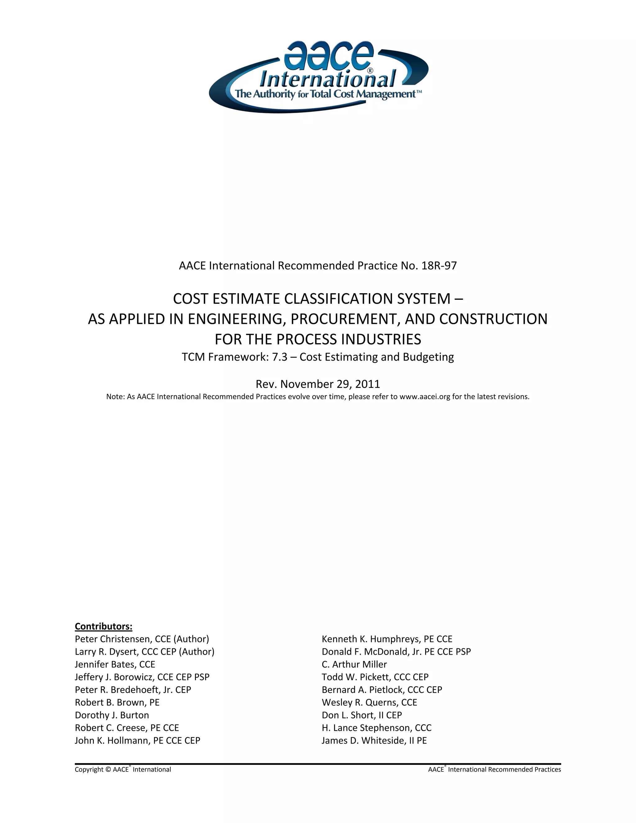 1 cost estimate classification system (aacei rp) | PDF