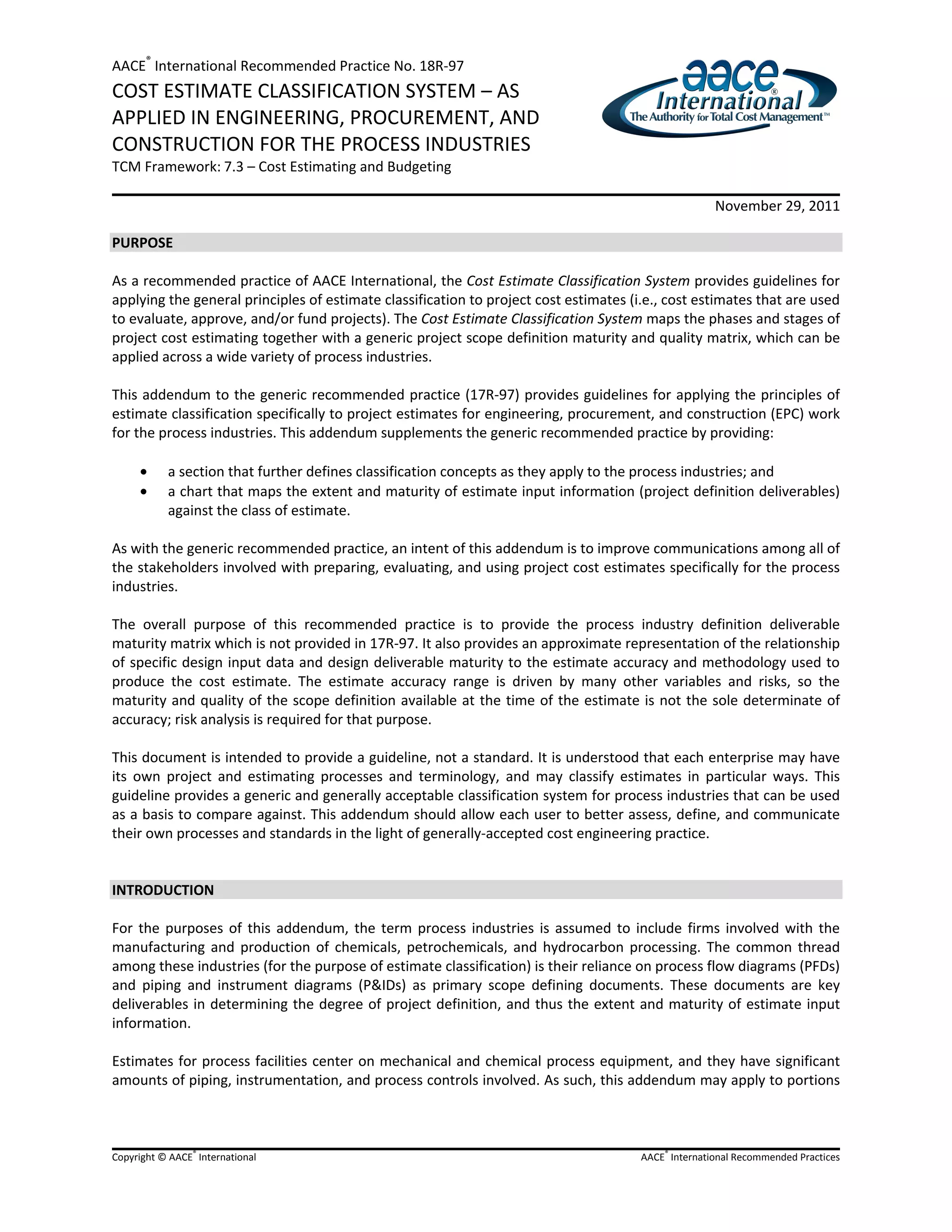 1 cost estimate classification system (aacei rp) | PDF