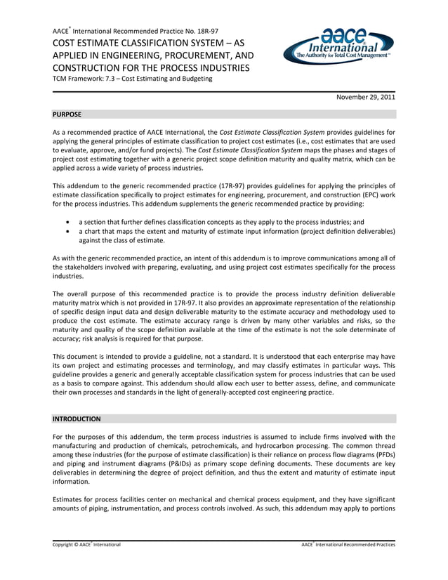 1 Cost Estimate Classification System Aacei Rp Pdf Business Business And Finance