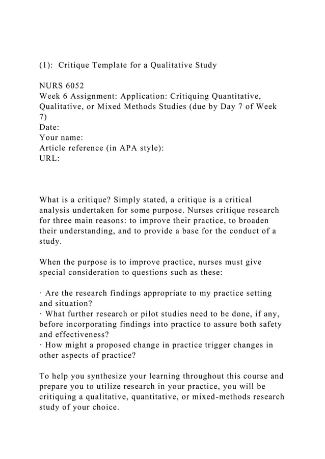 (1) Critique Template for a Qualitative StudyNURS 6052Week.docx