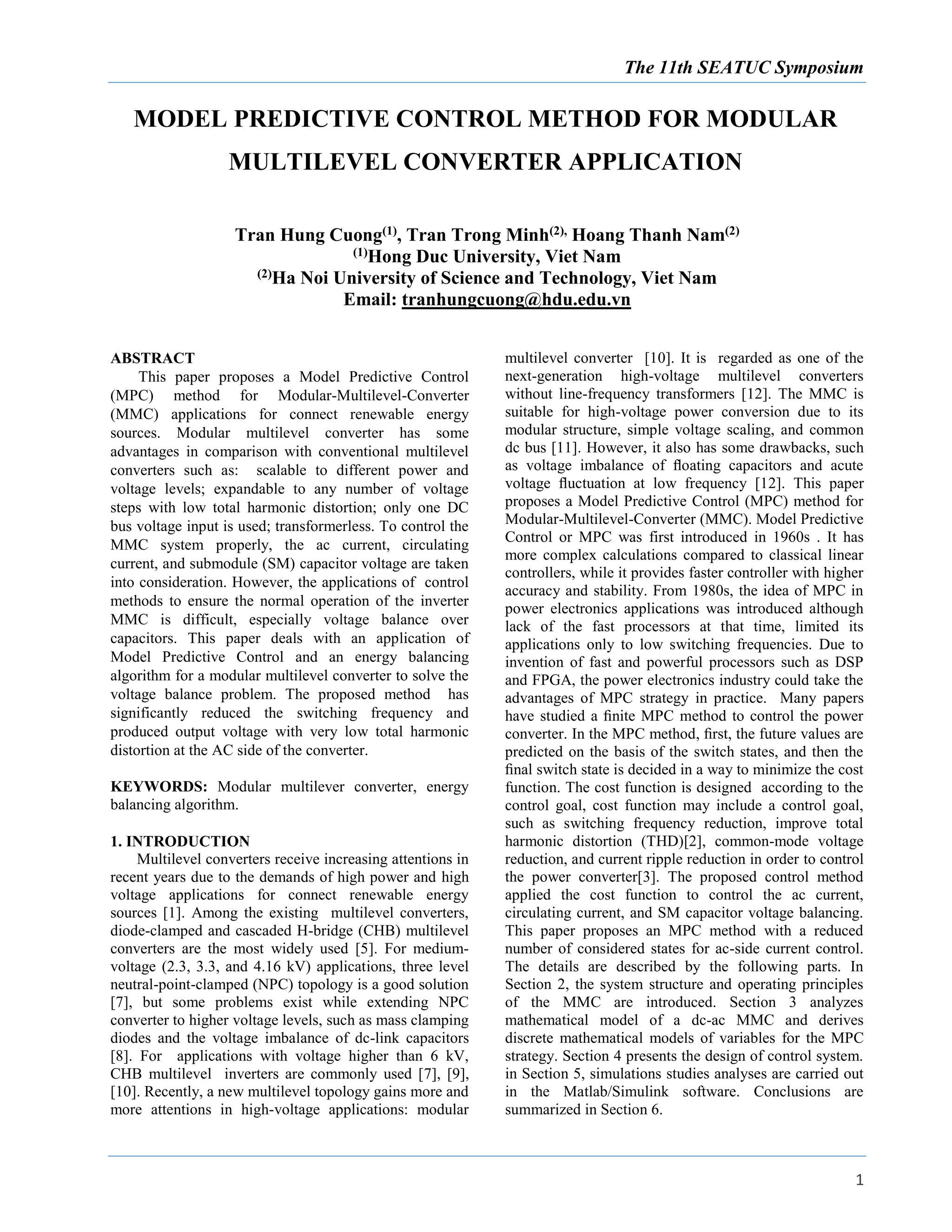 1cv Model Predictive Control Method For Modular Multilevel Converter