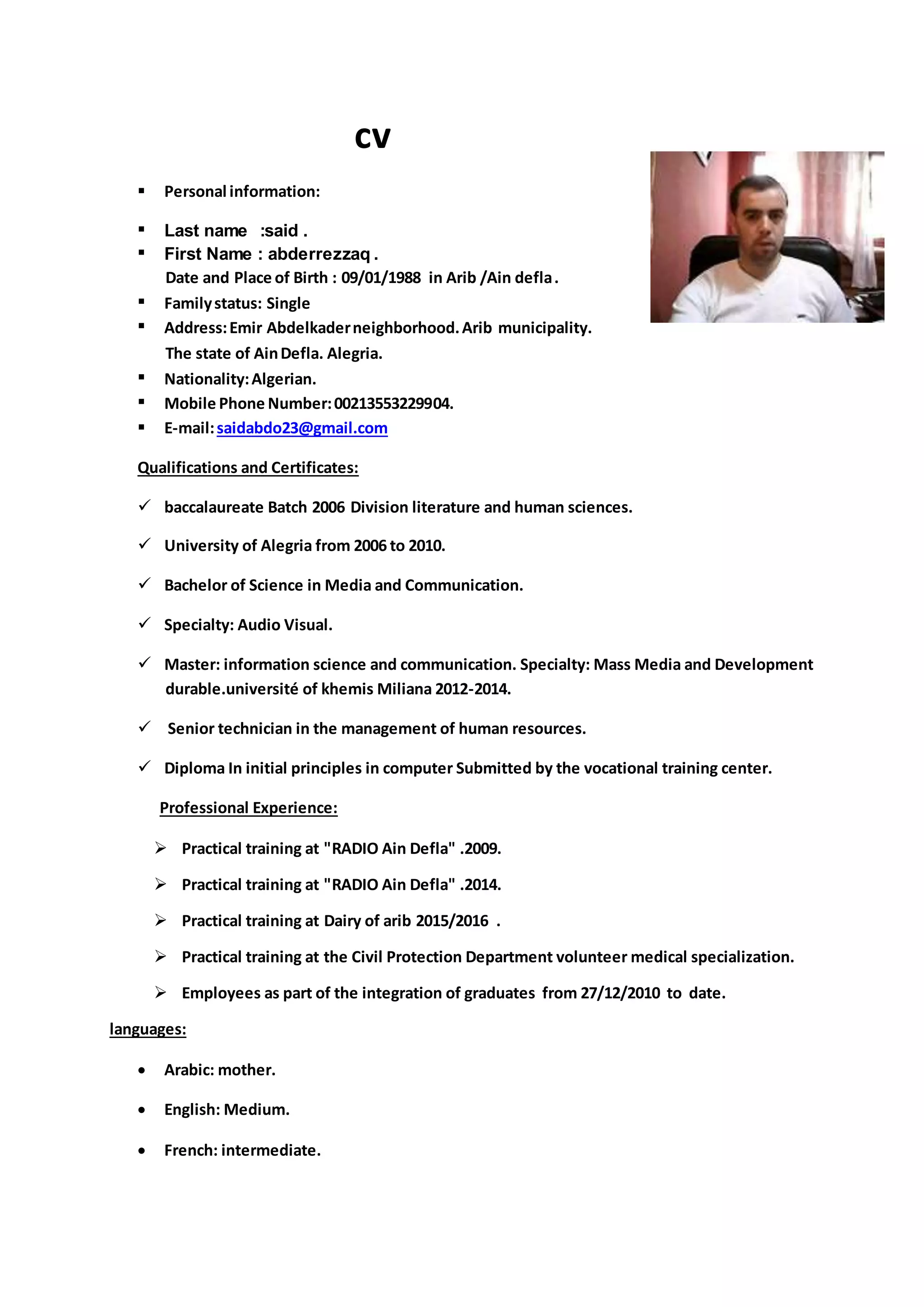 cv said abderrezzaq | DOCX | Graduation | Personal Celebrations & Life Events