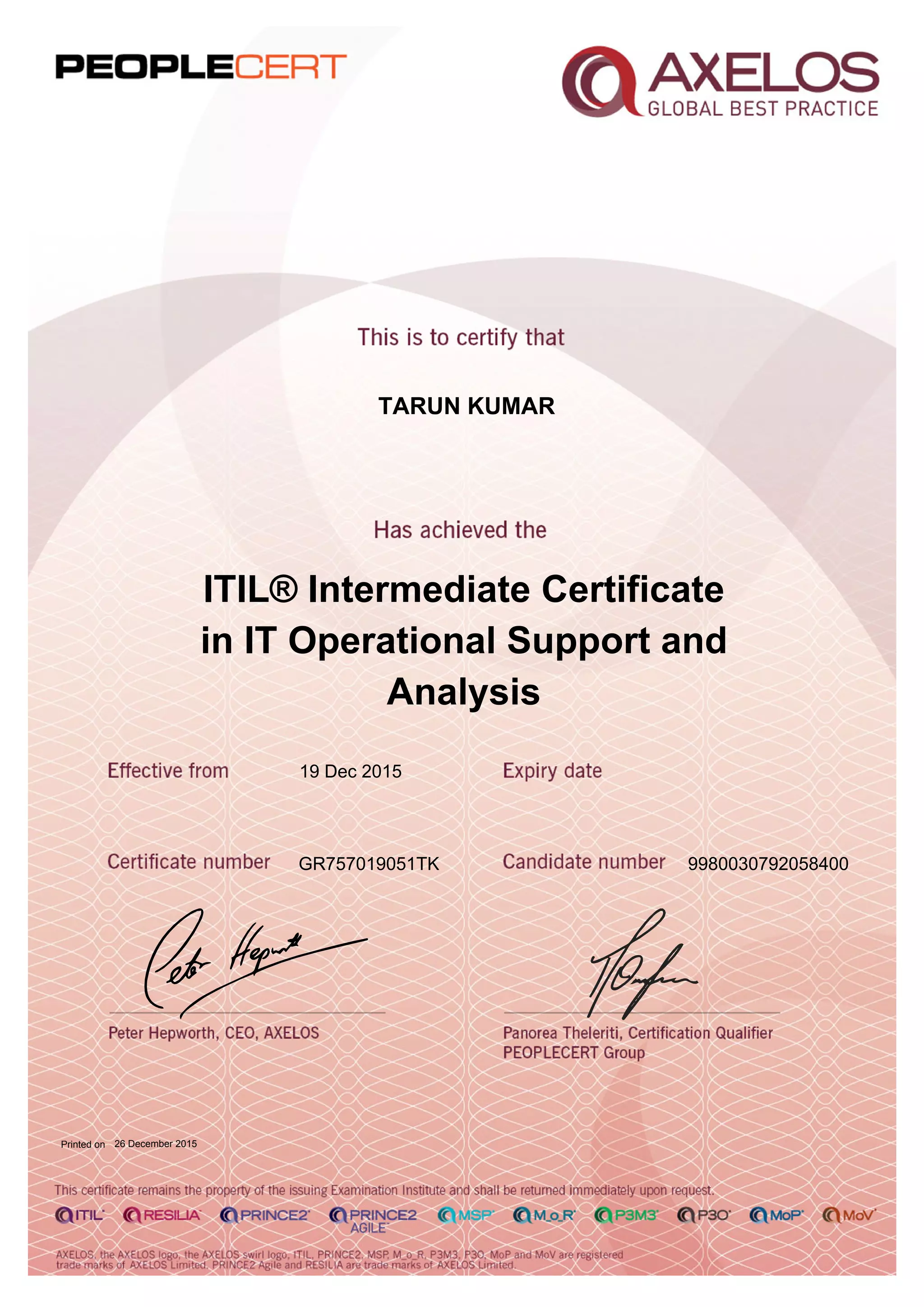 ITIL OSA Certificate | PDF