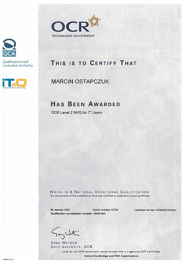 Certificate - City & Guilds - NVQ LEVEL 2 FOR IT USERS Certificate - City & Guilds - NVQ LEVEL 2 FOR IT USERS