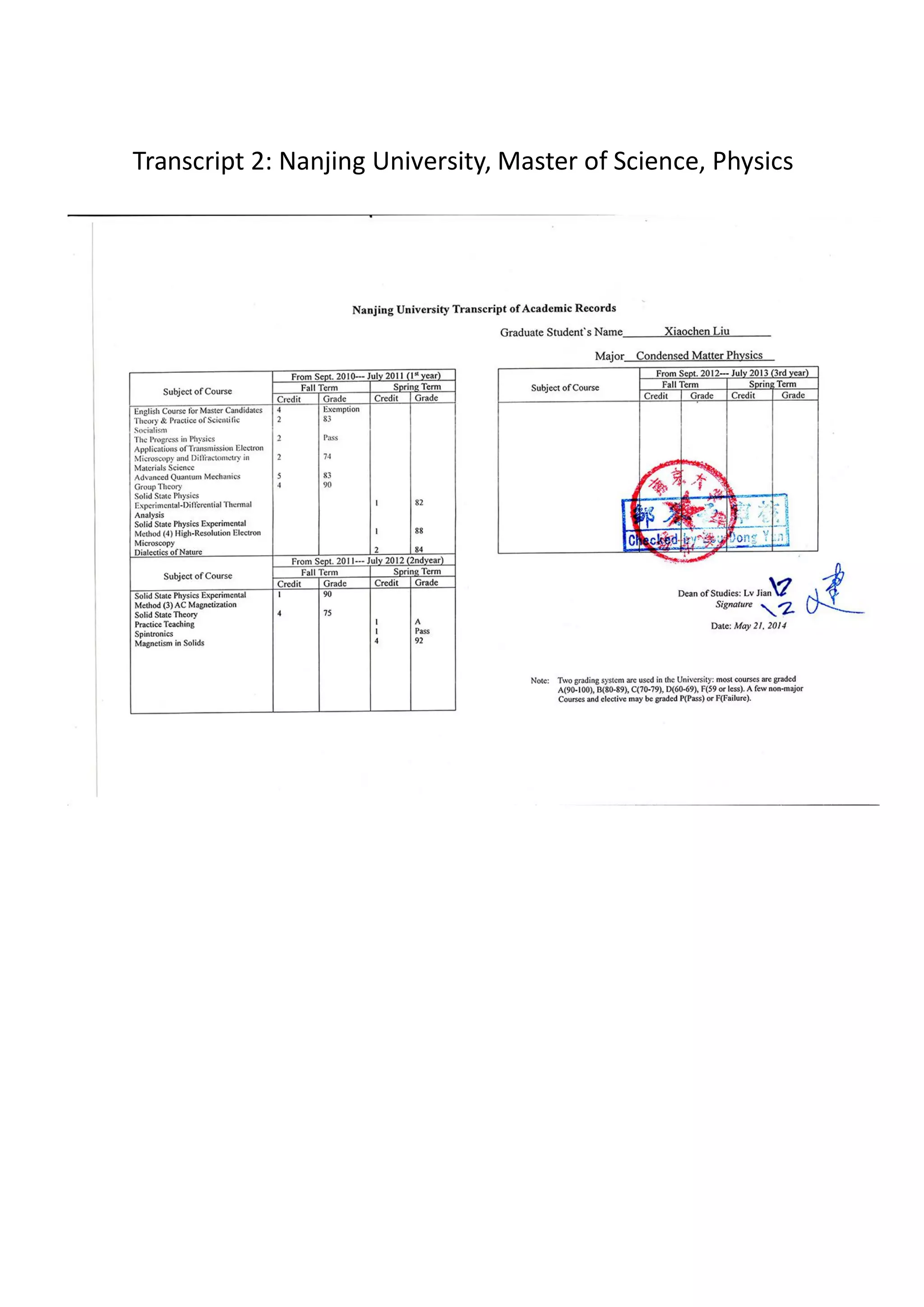 Transcripts_Physics_Xiaochen Liu | PDF | Postgraduate Education | College Education