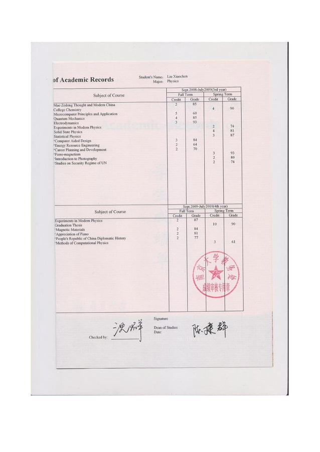 Transcripts_Physics_Xiaochen Liu | PDF | Postgraduate Education | College Education